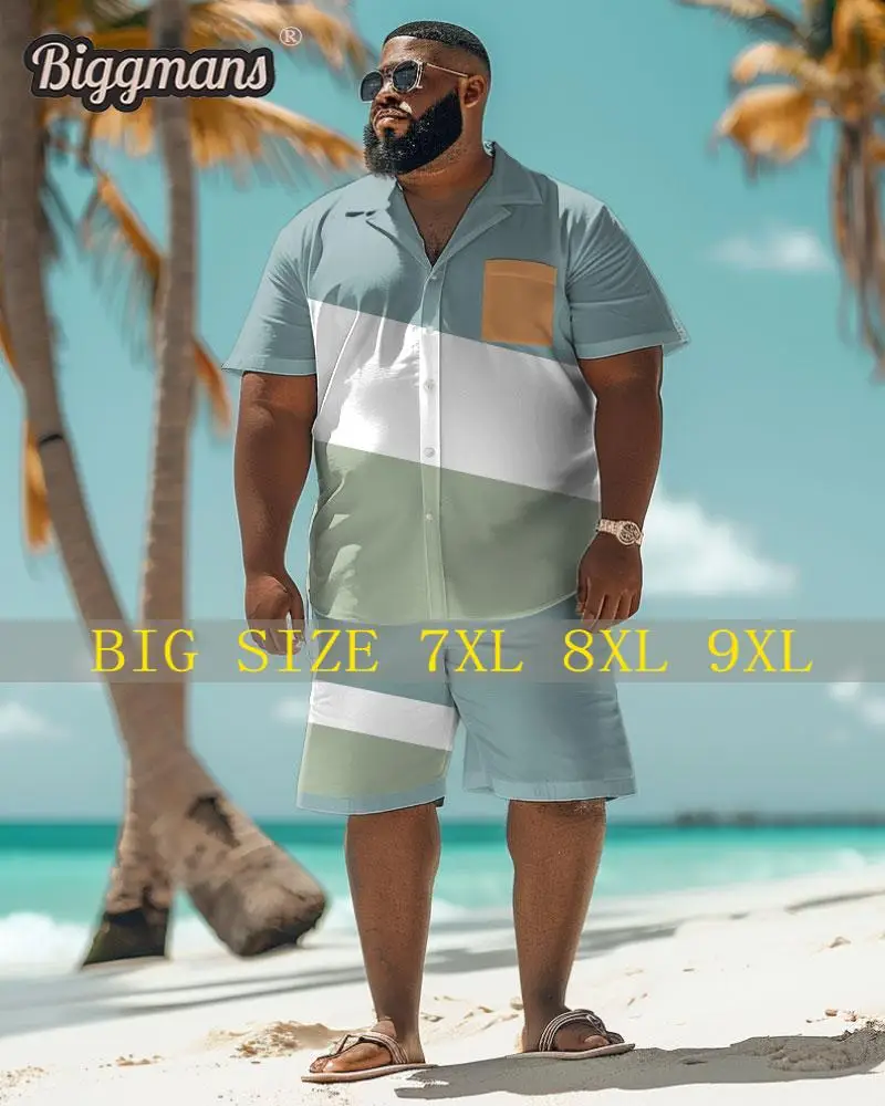 Biggmans-Conjunto-de-Roupas-de-Praia-Camisa-Havaiana-Oversized-Bloco-Colorido-Imprimir-Shorts ...
