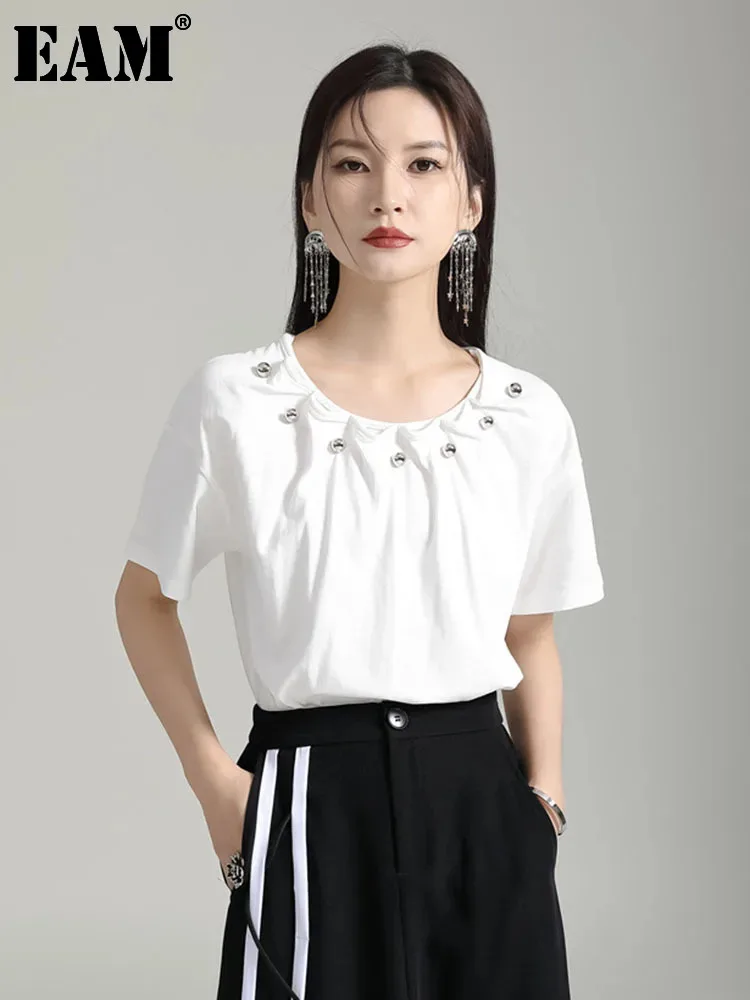 EAM-Women-White-Black-Nailed-Pleated-Brief-T-shirt-New-Round-Neck-Short ...