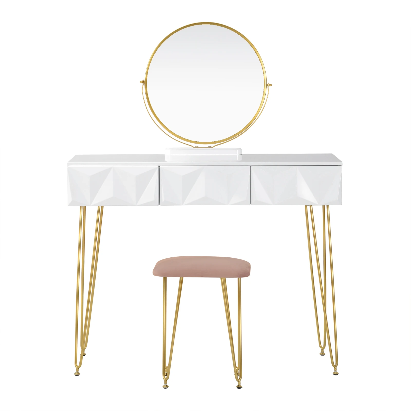 White-Gold-Dressing-Table-with-3-Drawers-3D-Effect-Velvet-Stool-Makeup ...