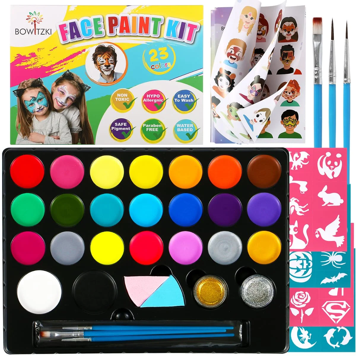 Bowitzki Face Painting Kit for Kids 23 Colors Water Based Face Paint ...
