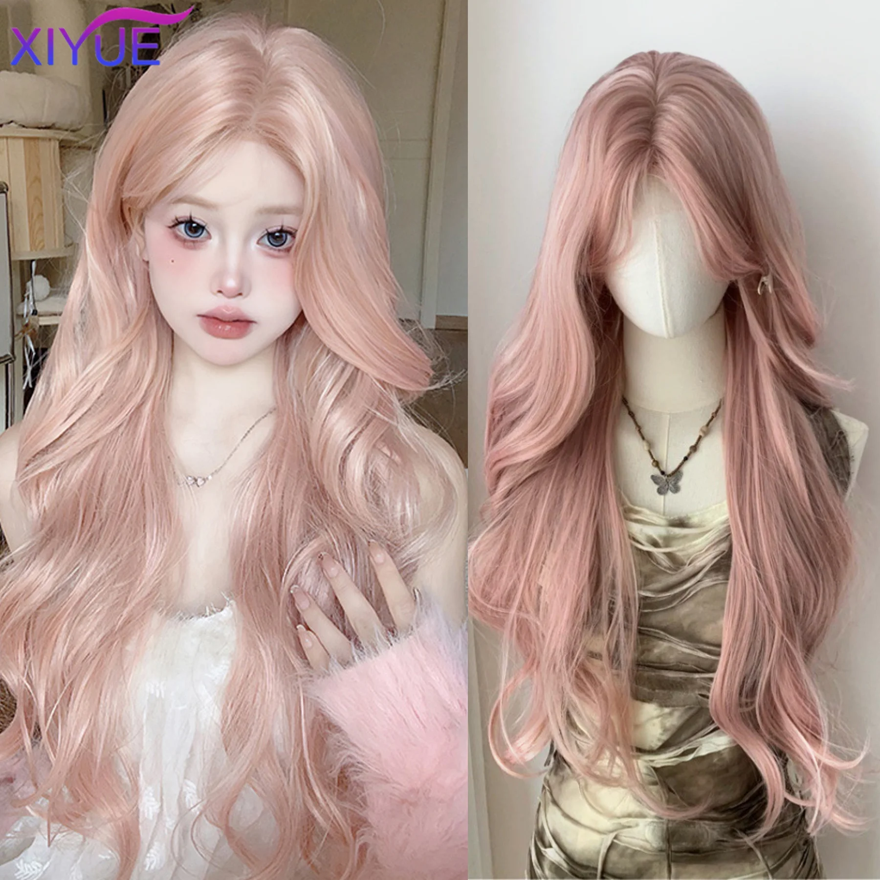 XIYUE-Light-Pink-Synthetic-Hair-Wigs-Long-Wavy-Natural-Hair-Wigs-with ...