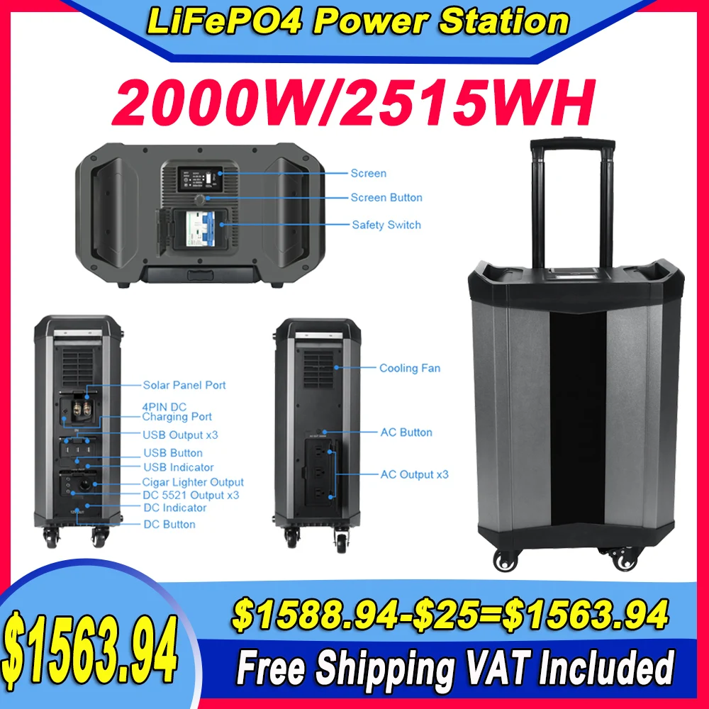 2000W LiFePO4 Portable Power Station 2515WH Solar Power Generator ...