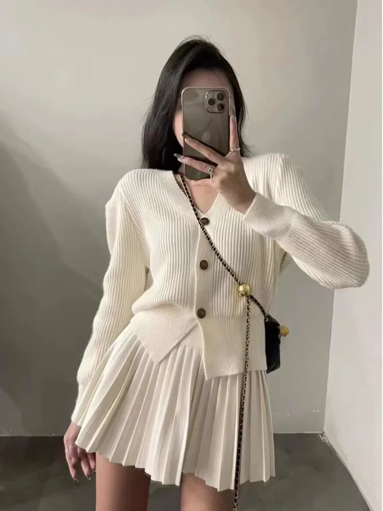 Korean Ins Fashion Autumn Winter Women's Knitted Suits Solid Single ...