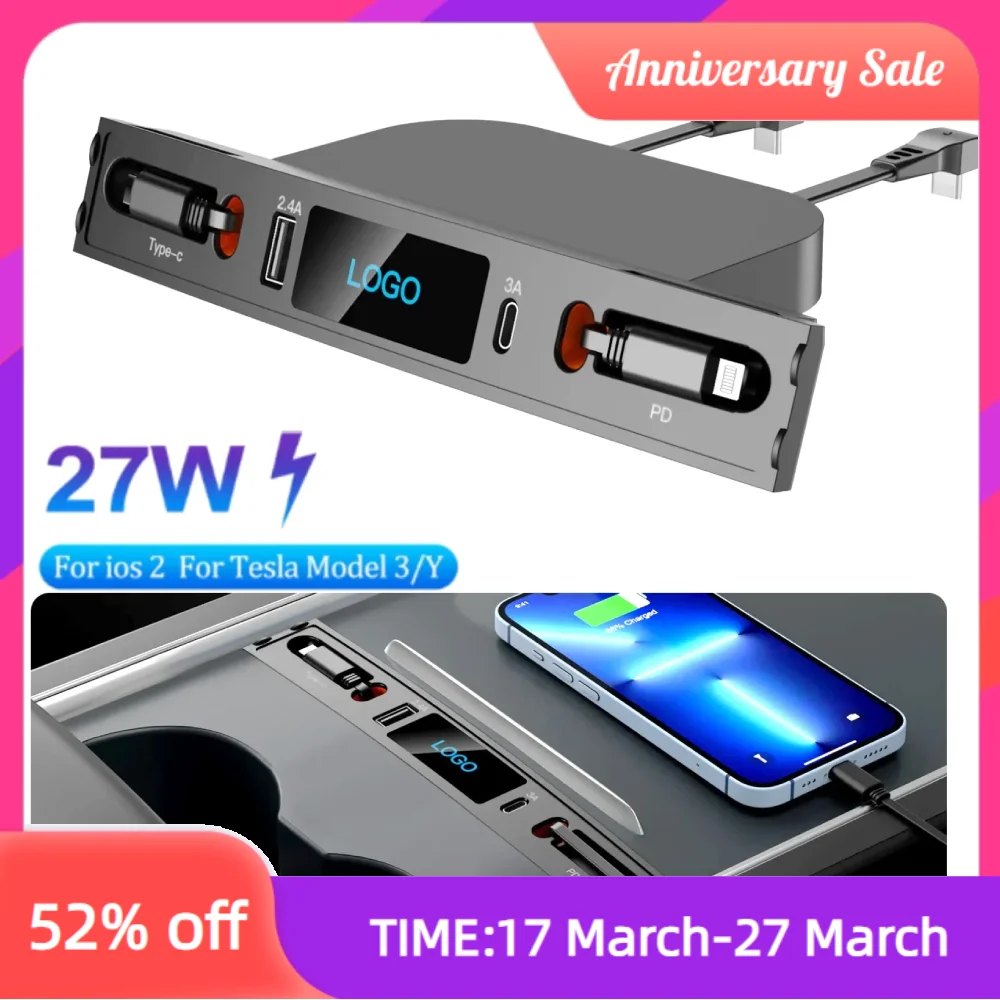 For-Tesla-Docking-Station-Intelligent-27W-Quick-Charger-USB-Shunt-Hub ...