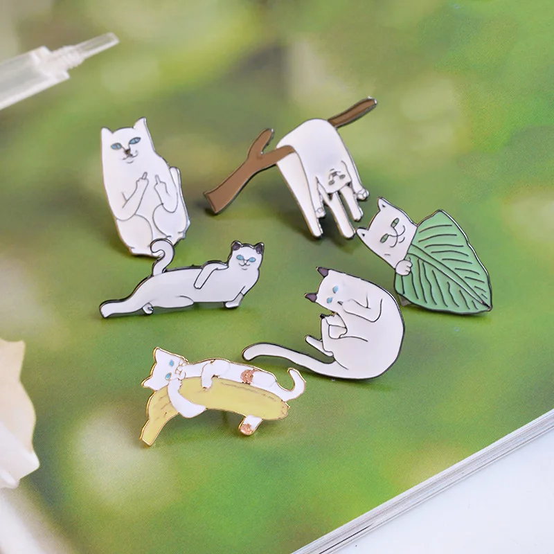 Funny White Cats Enamel Pin Branch Leaf Banana Cat Animals Brooch Women ...