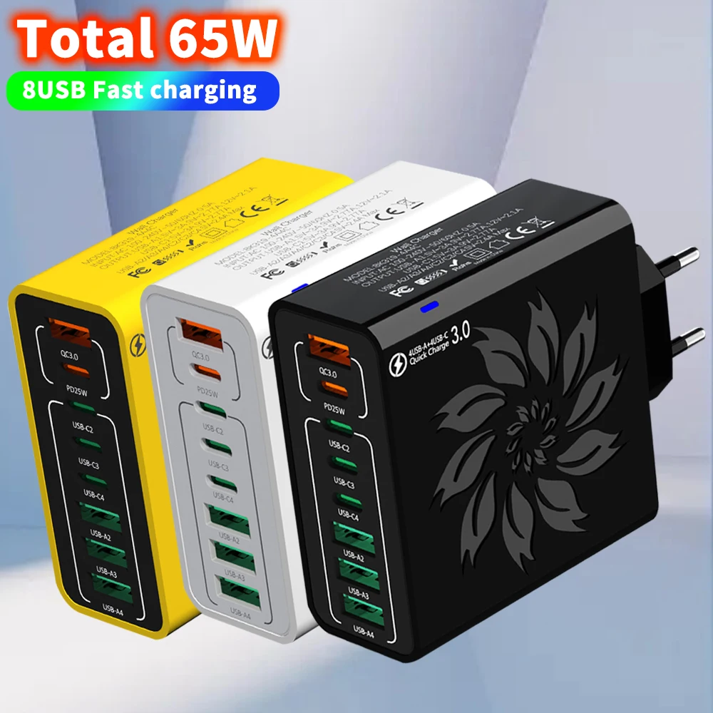 Muti 8 Port USB C Charger Fast Quick High Speed Charging Type C PD Wall ...
