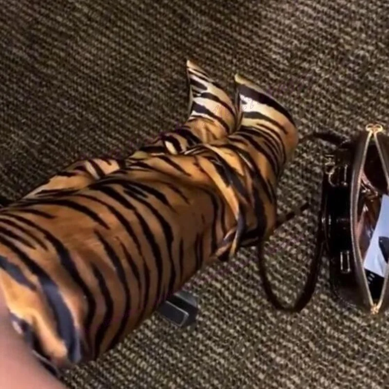 Tiger-Pattern-Satin-Knee-High-Boots-Pointed-Toe-Shoes-for-Women-Thin ...