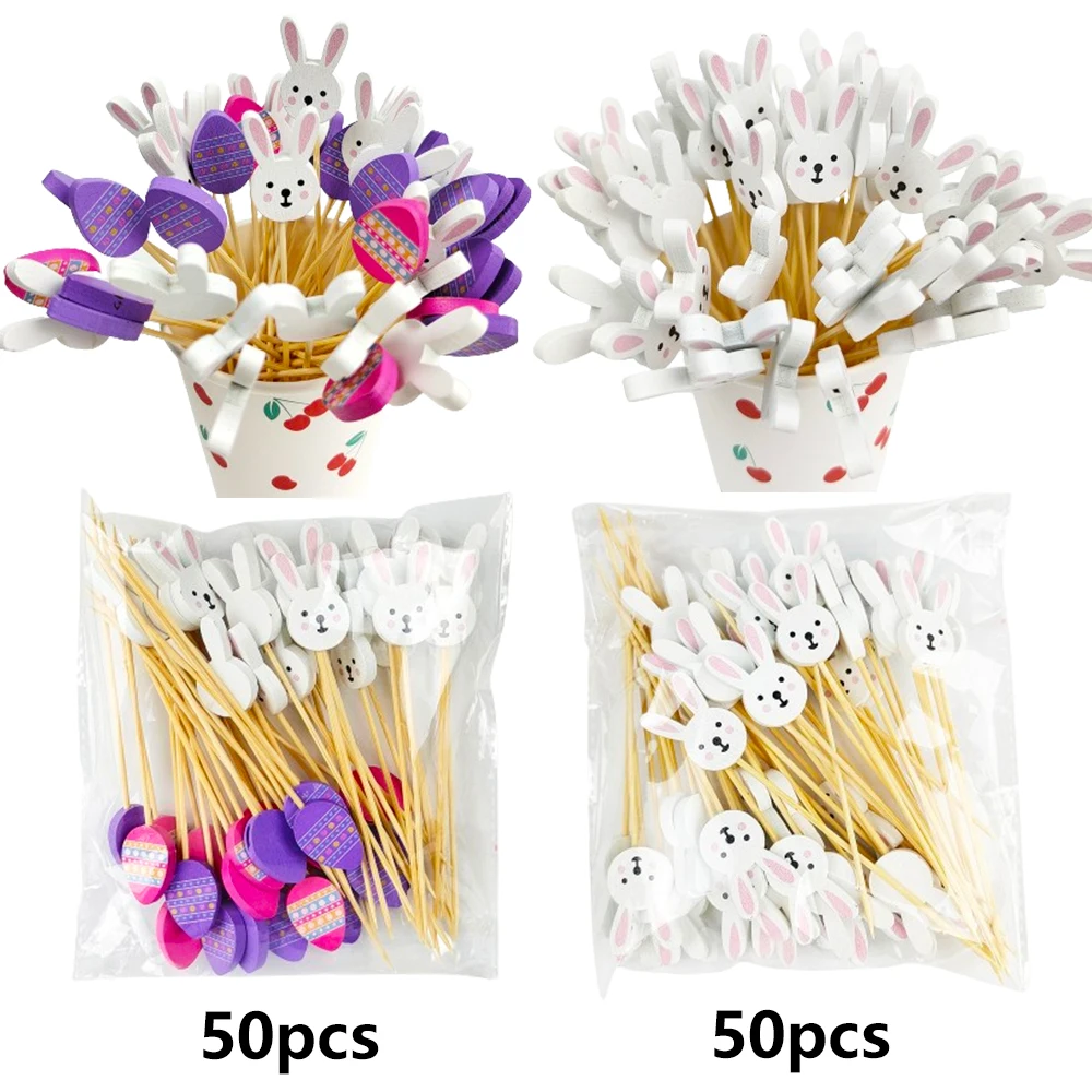 50/100Pcs Easter Disposable Bamboo Skewers Rabbit Easter Eggs Fruit ...