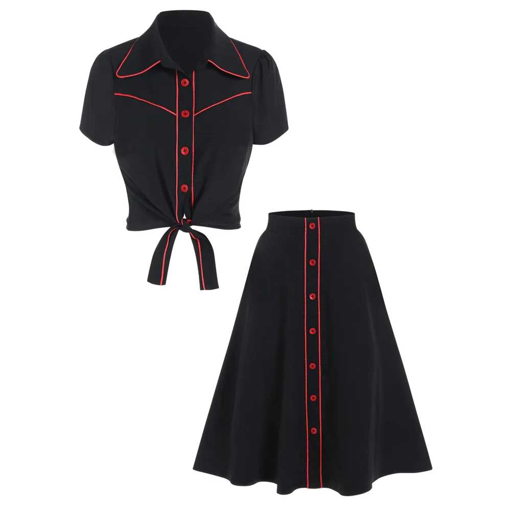 2024-New-Fashion-Two-Piece-Outfit-For-Women-Contrast-Pipe-Tied-Button ...