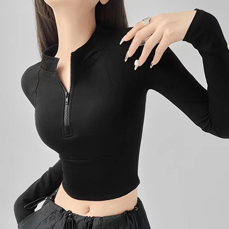 Solid-Color-Casual-T-Shirt-Women-Zipper-Tops-Sexy-Black-Simple-Style ...