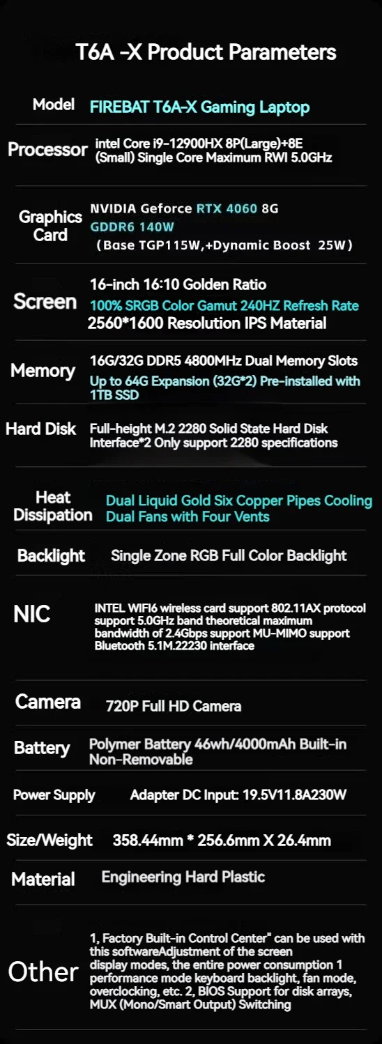 FIREBAT T6A-X 16 Inch Intel i9-12900HX RTX 4060 DDR5 32G RAM M.2 1TB SSD 240Hz 2.5K Wifi6 BT5.1 ...