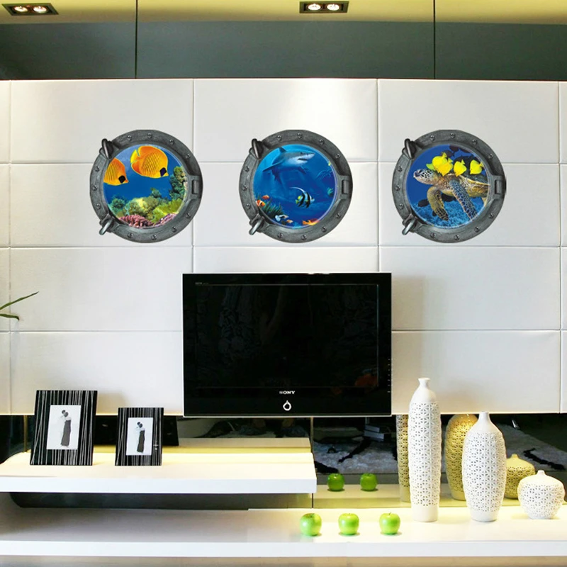 Deep Sea Diver Submarine-window View Seabed World Triptych Vinyl Wall ...