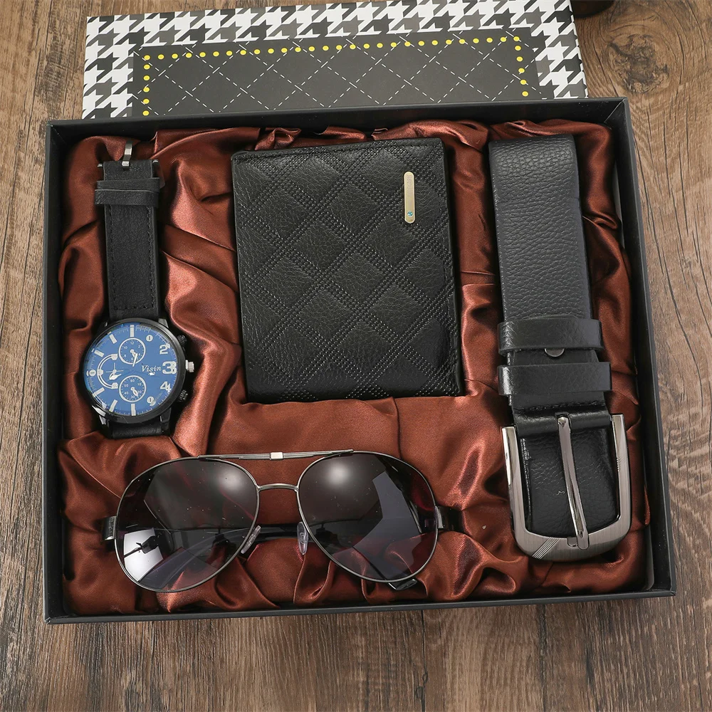 New-2024-Fashion-4pcs-set-Mens-Gift-Set-Quartz-Watch-Wallet-Leather ...