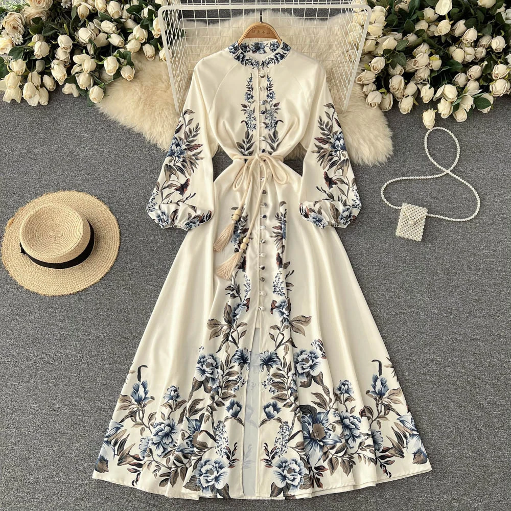 New Dress Lapel Fashion Retro Print Spring Dress Long Sleeve Waist ...