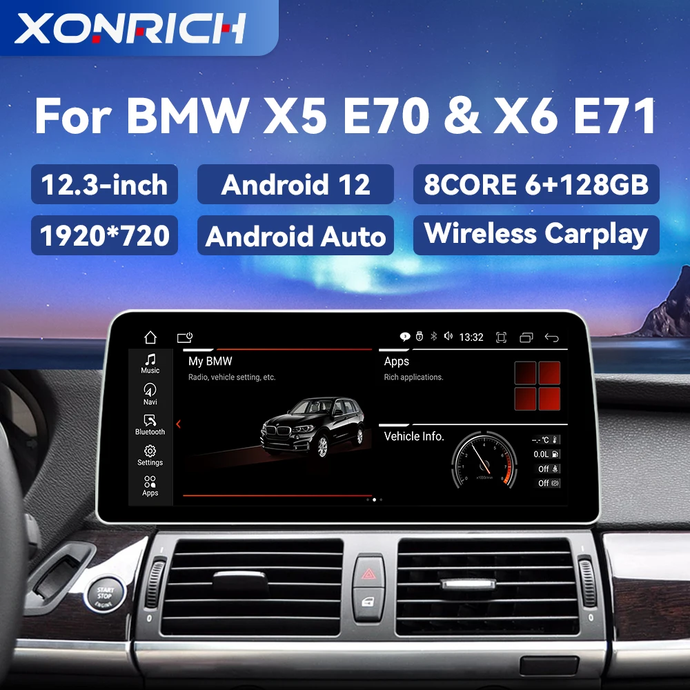 1920*720P 12.3 Inch 6GB 128GB Android 12 Car Multimedia Player For BMW X5 E70 X6 E71 CCC CIC ...