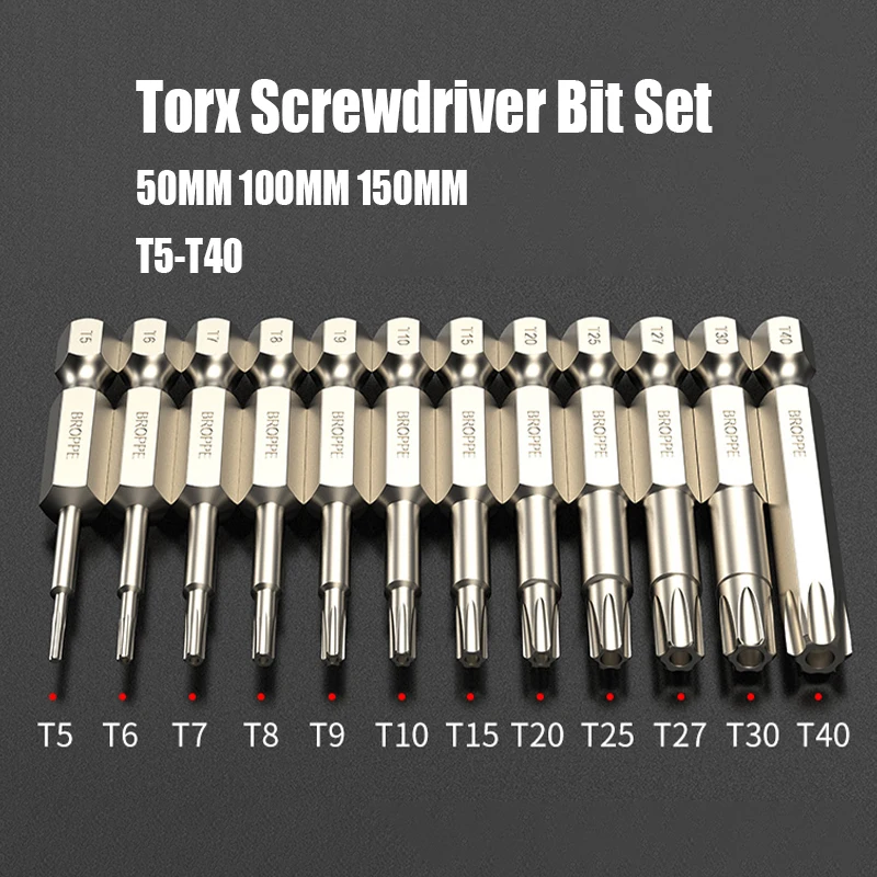 50-100-150MM-T5-T40-Torx-Screwdriver-Bit-Set-Strong-Magnetic-Batch-Head ...