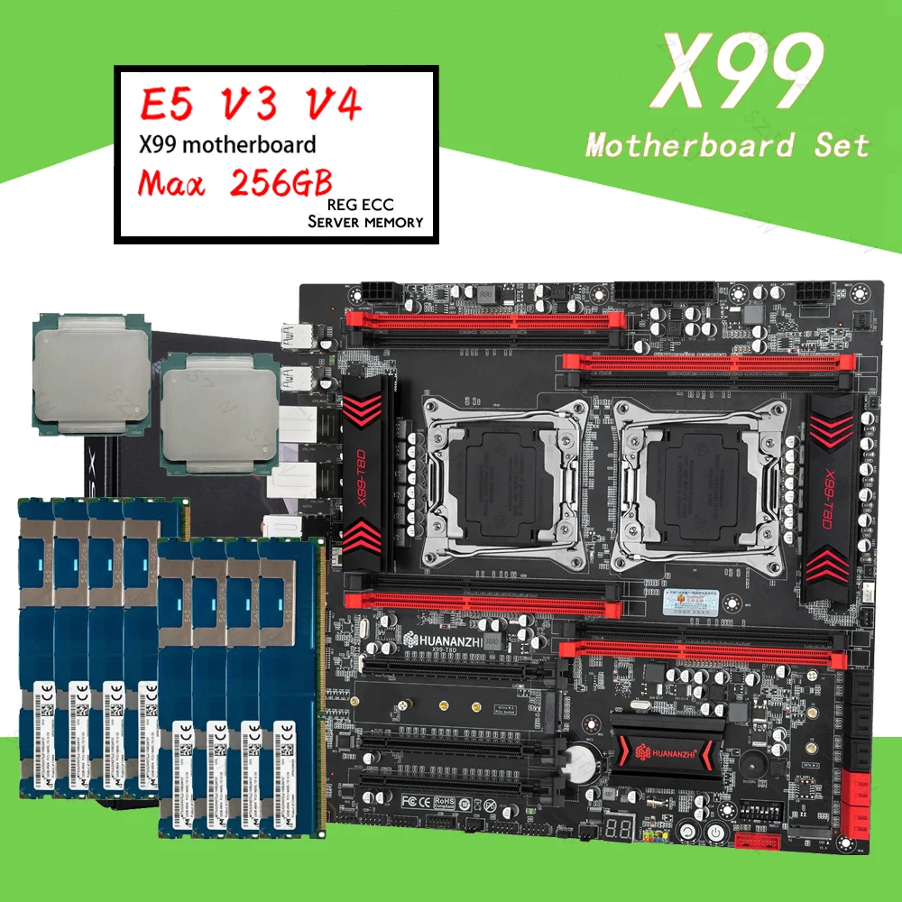 X99 T8D 듀얼 CPU 마더보드 콤보 (E5 V3 V4 지원, DDR3 최대 256GB 1866MHz, M.2 NVME ...