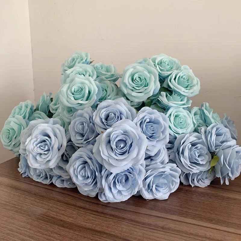 Ramo-de-rosas-artificiales-de-9-cabezas-Rosa-falsa-Rosa-verde-lago-azul ...