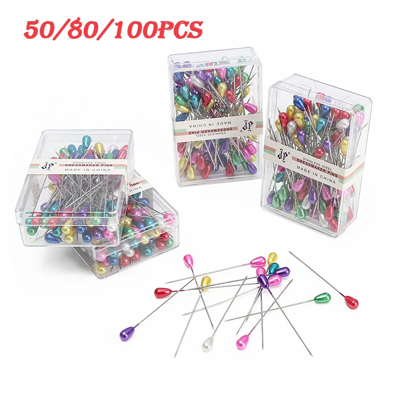 50/80/100Pcs Long Pearl Head Sewing Pins Pear Shaped Color Straight Pin ...
