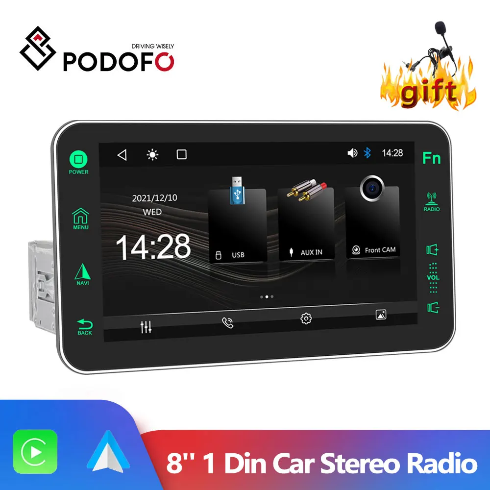 Podofo 1din carro multimídia carplay sem fio universal 1 din unidade central android rádio auto ...