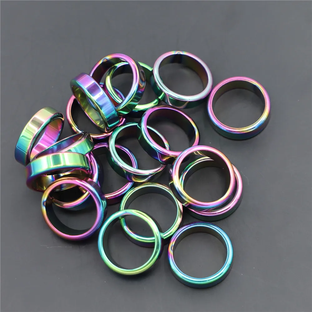 10pcs/ Lot 6mm Unisex Hematite Rings Colorful Gallstone Couple Rainbow ...