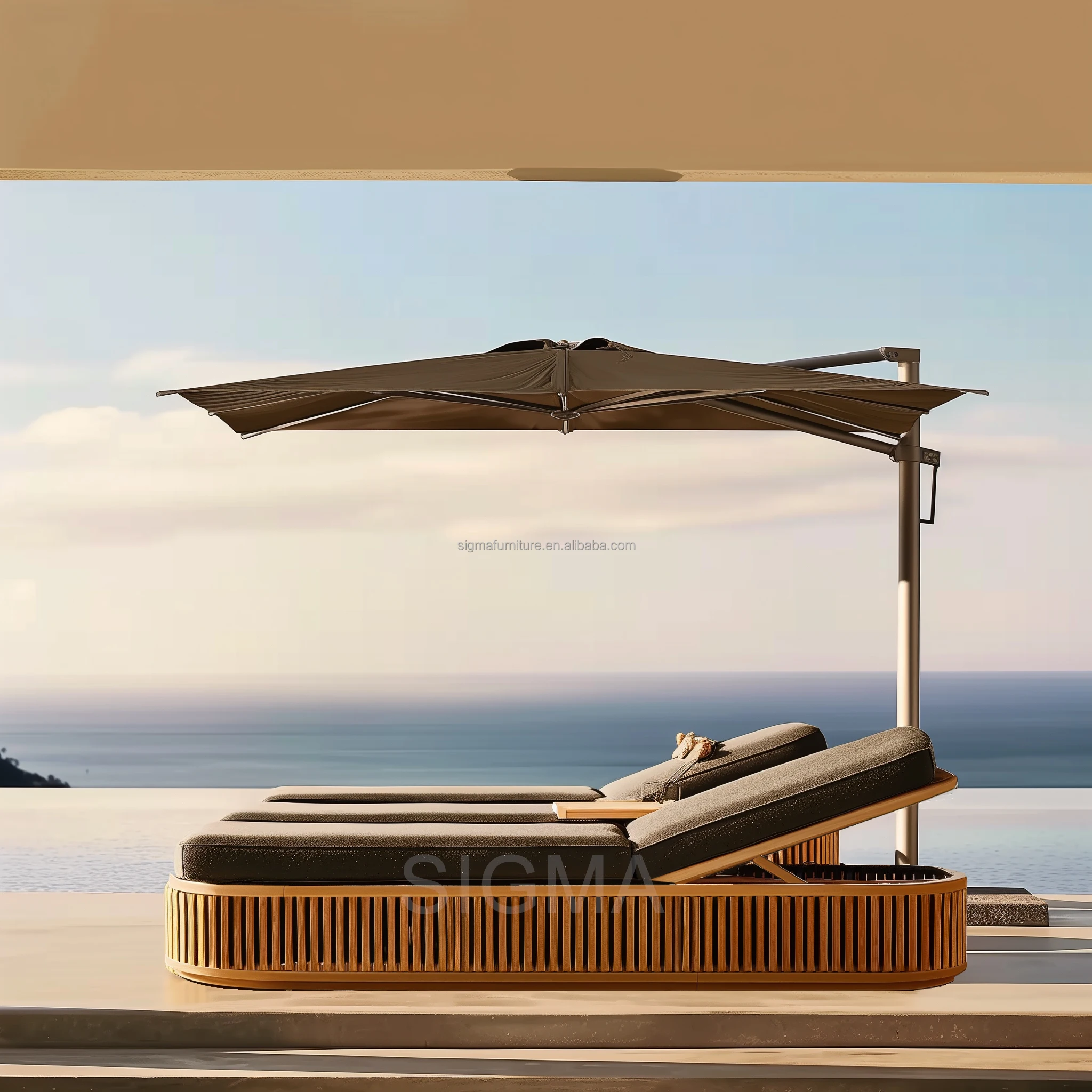 Summer Sun Bed Outdoor Teak Wood Sun Lounger with Waterproof Fabric ...