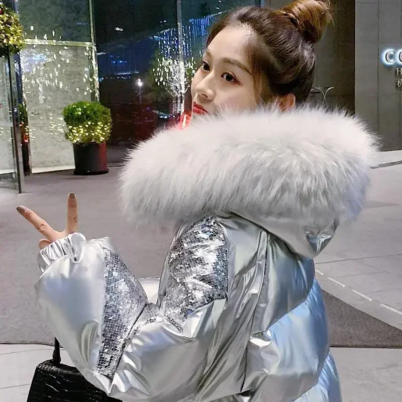 Winter Silver Glossy Down Jacket 2025 New Women's big fur neck hooded ...