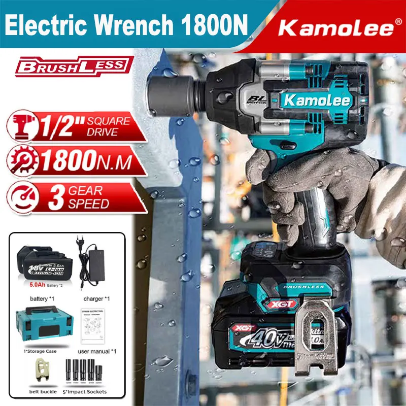 Kamolee DTW700 전기 임팩트 렌치 전동 공구 1800 N.m 토크 렌치 1/2 인치 1500W, 18V 마끼다 ...