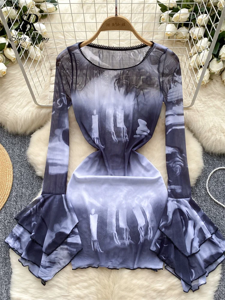 SINGREINY-2024-Fashion-Gauze-Streetwear-Sexy-Dress-O-Neck-Flare-Sleeve-Design-Skinny-Dress ...