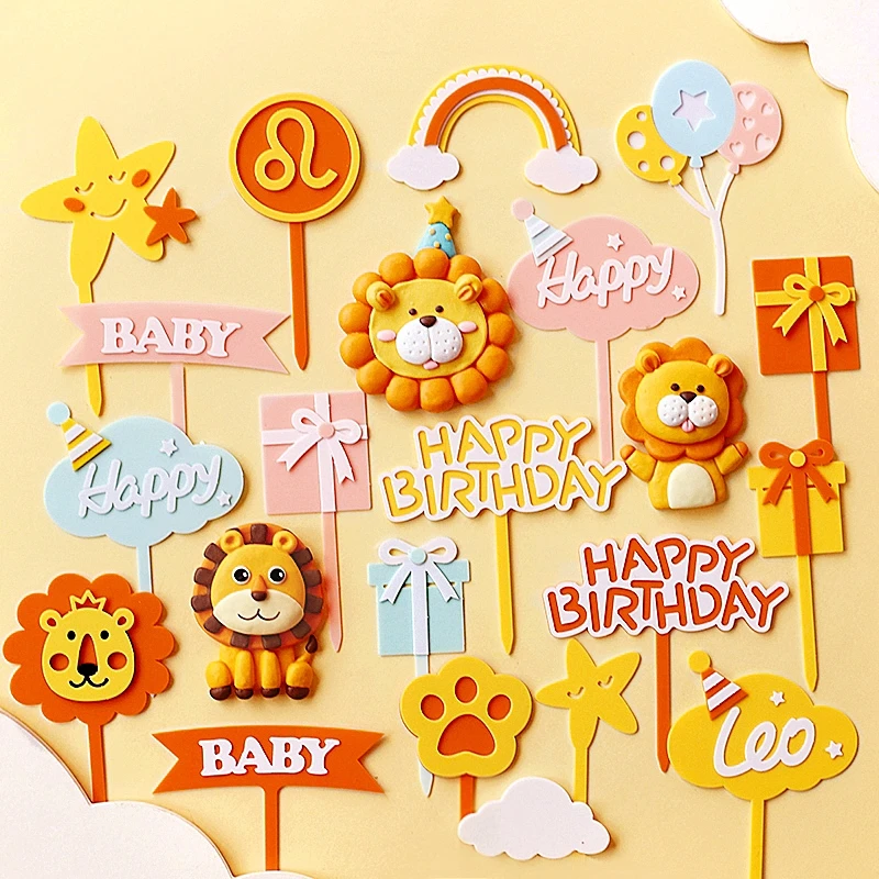 Happy-Boy-Birthday-Leo-Cake-Topper-Crown-Party-Hat-Animal-Powder-Blue ...