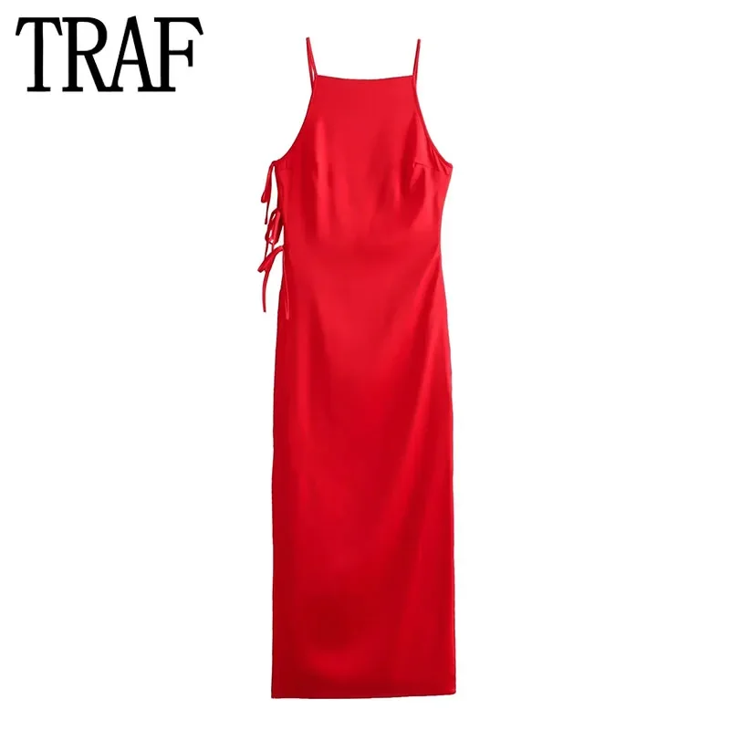 TRAF-vestido largo rojo de satén para mujer, traje con Espalda ...