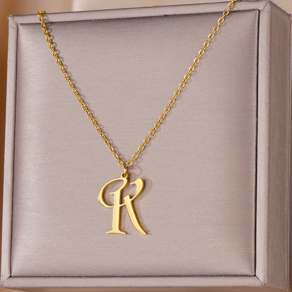 Stainless-Steel-Initial-Necklaces-For-Women-Men-Gold-Color-Uppercase ...