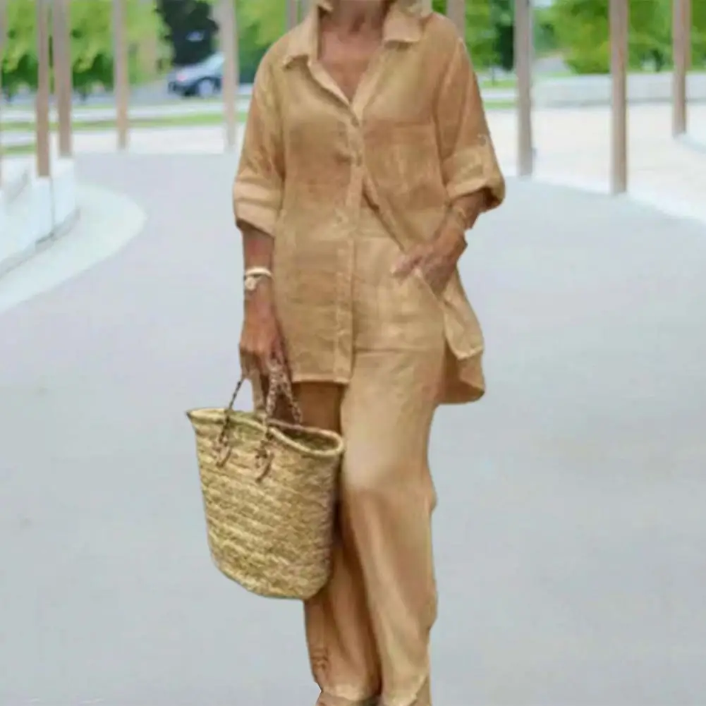 2 Pcs/Set Women Pants Blouse Long Sleeve Solid Color Single breasted ...