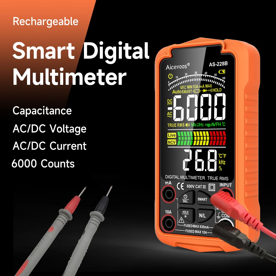 Aicevoos Rechargeable Digital Smart Multimeter,6000 Counts,TRMS,AC/DC ...