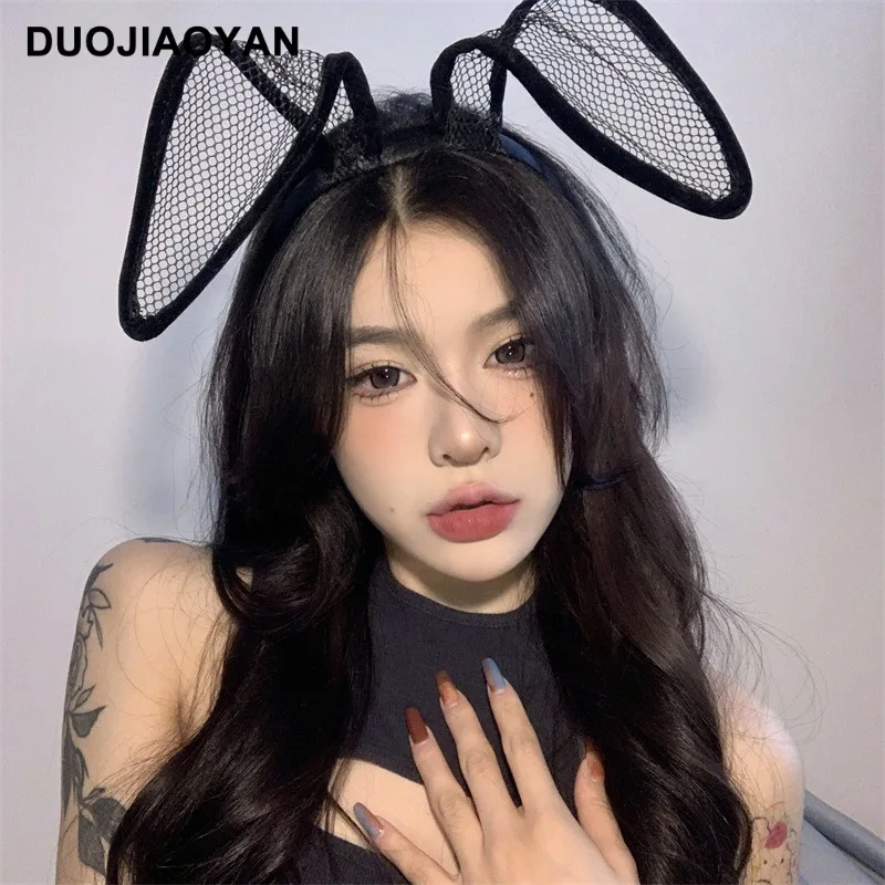 Korean-Style-Personalized-Black-And-White-Lace-Grid-Sexy-Rabbit-Ears ...
