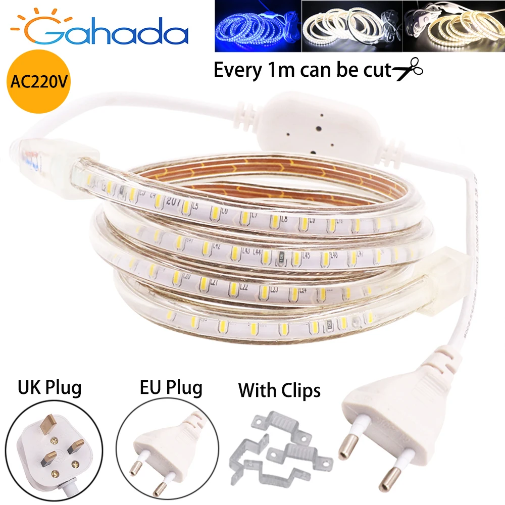 Ac 220v Led Strip With Eu/uk Plug Smd 3014 120leds/m Ip67 Waterproof ...
