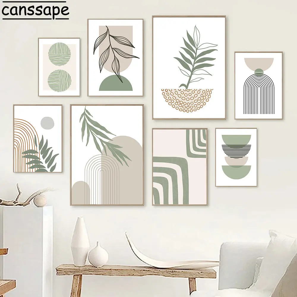 Abstract Line Wall Art Decor Green Leaves Circle Painting Poster Moon ...