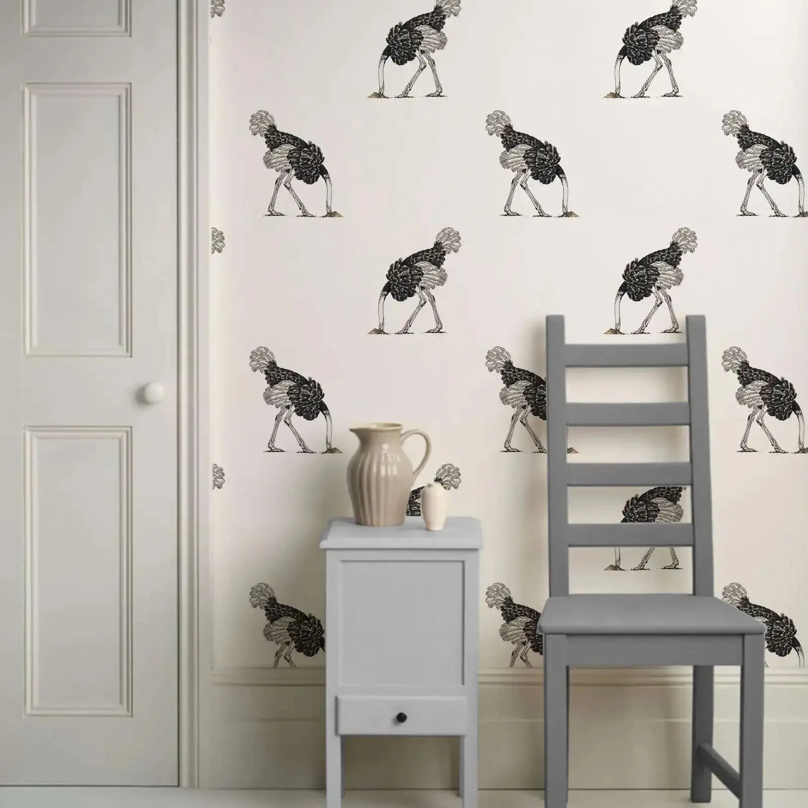 Cute Animal Wallpaper Peel and Stick,Black Ostrich Pattern In White ...