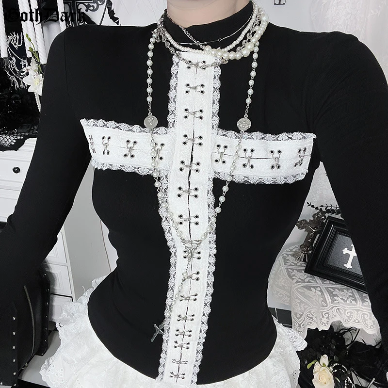 Goth Dark Embellished White Cross Long Sleeve T-shirts Mall Goth ...