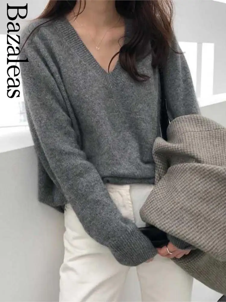 2024-Traf-Store-Grey-Knit-Pullover-Long-Sleeve-Loose-Knitted-Sweaters-V ...