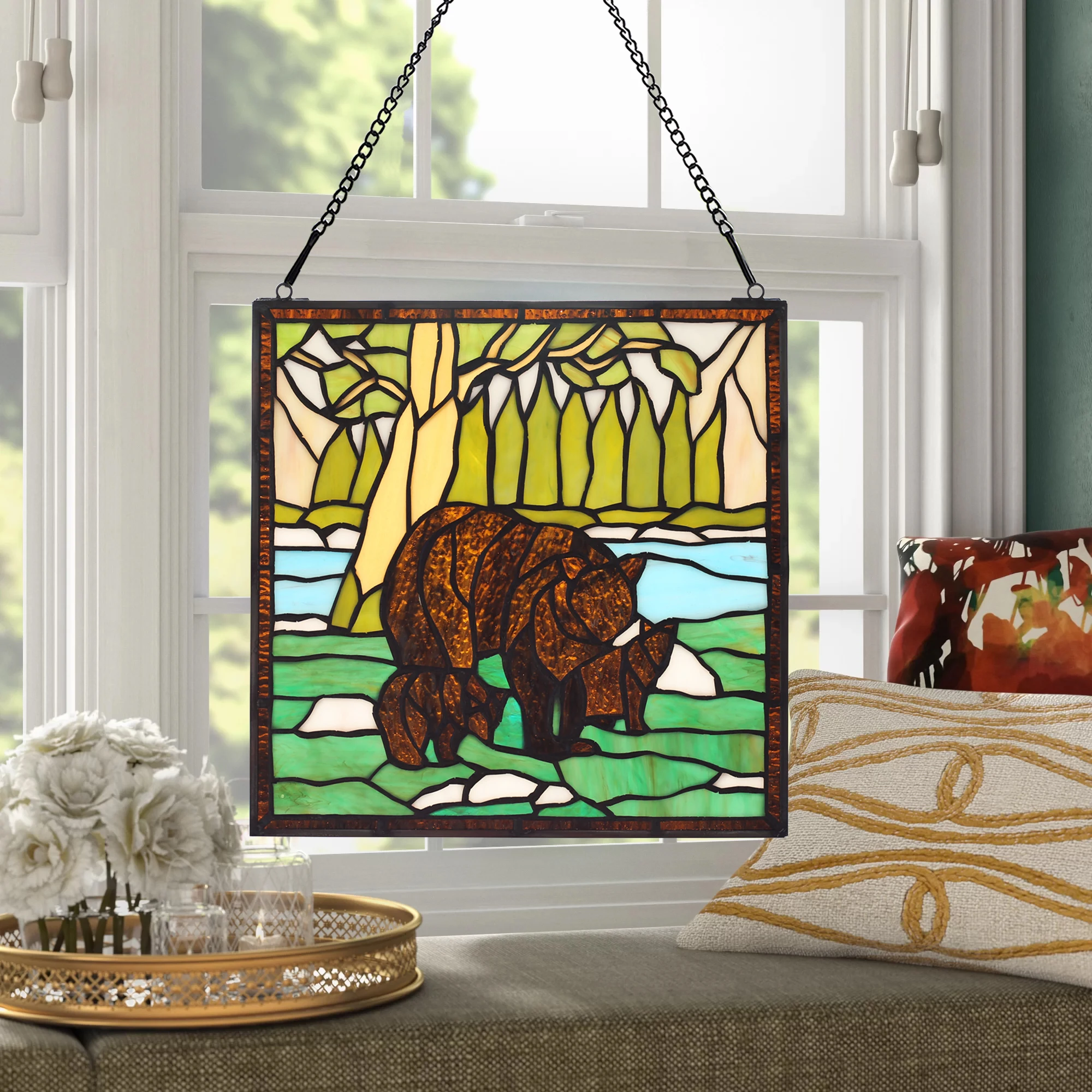 Handmade-Stained-Glass-Window-Hanging-Forest-Brown-Bear-Suncatcher-Wall ...