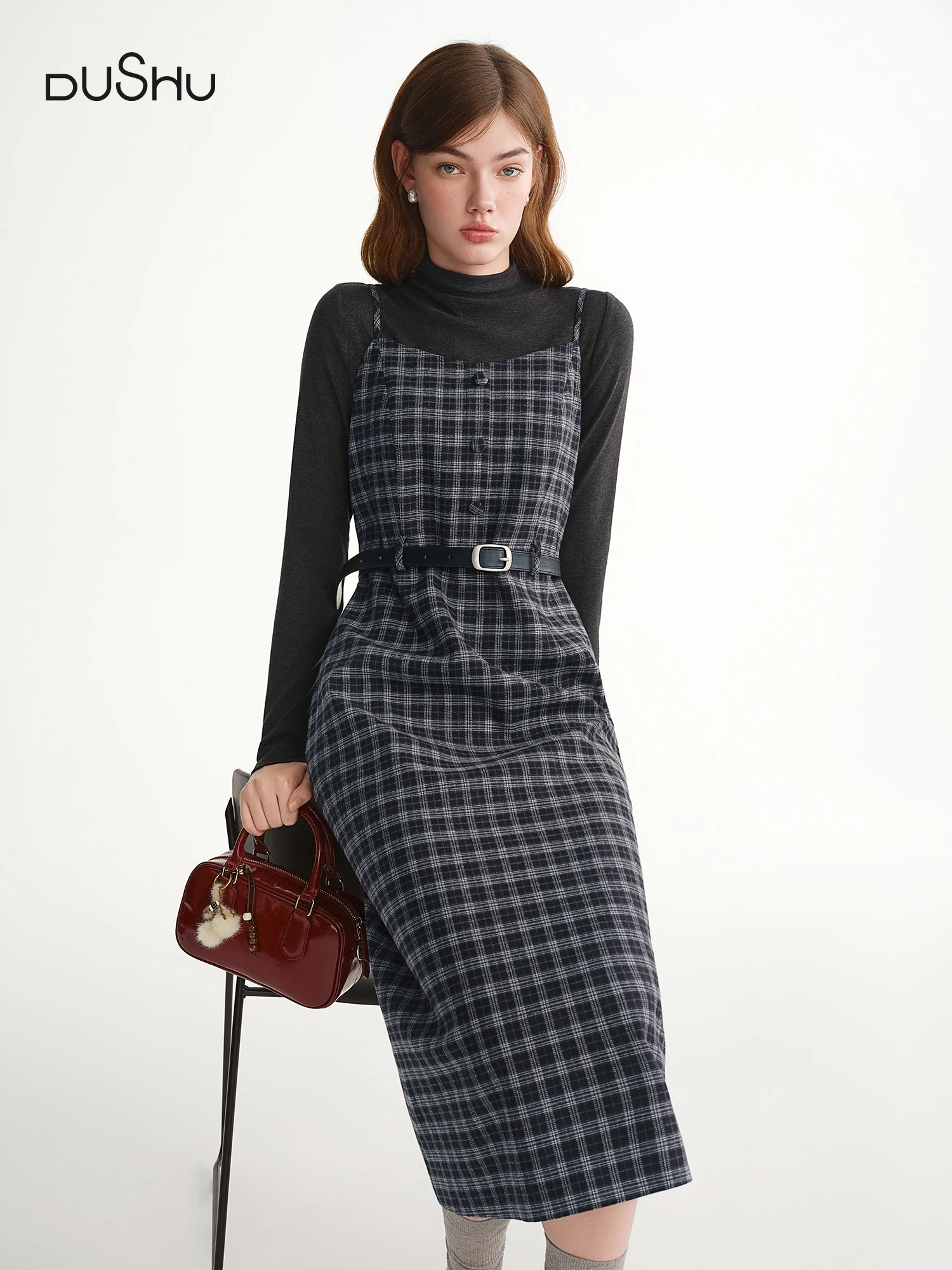 DUSHU New 2025 Plus Size Women Layering Dress Two Piece Set Plaid Vest ...
