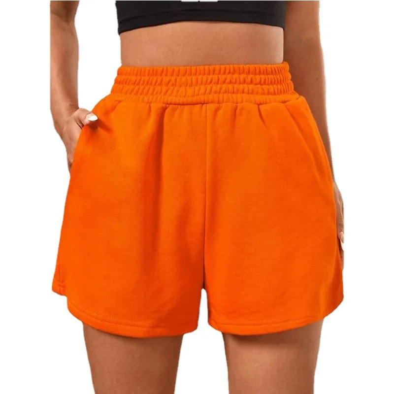 Women Summer Casual Shorts Solid Color High Waist Elastic Loose Wide