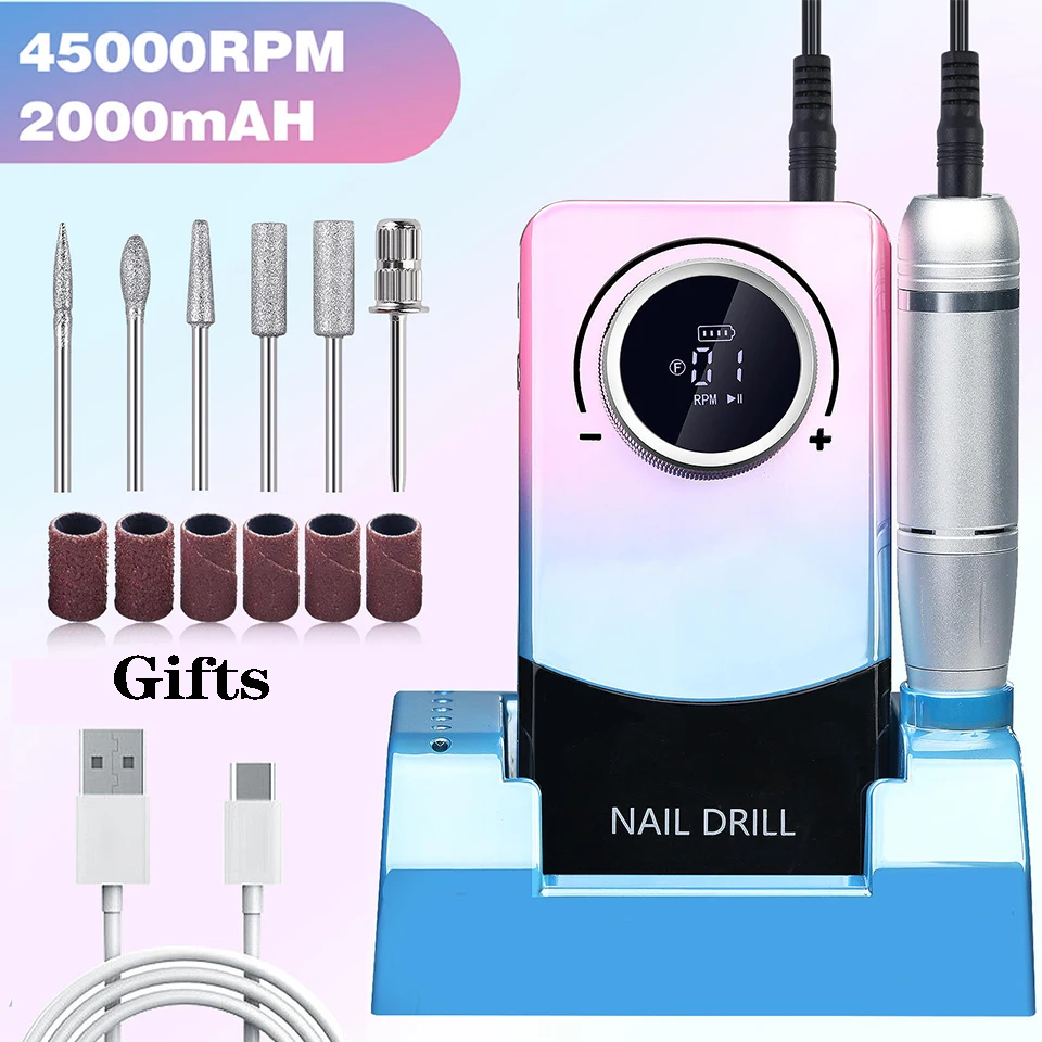 Nail Drill Machine 45000RPM Electric E-File Rechargeable Nail Polishing ...