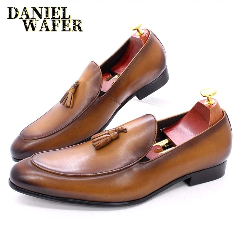 Luxury Italian Loafers Men Dress Shoes Fashion Hand-made Slip On Tassel ...
