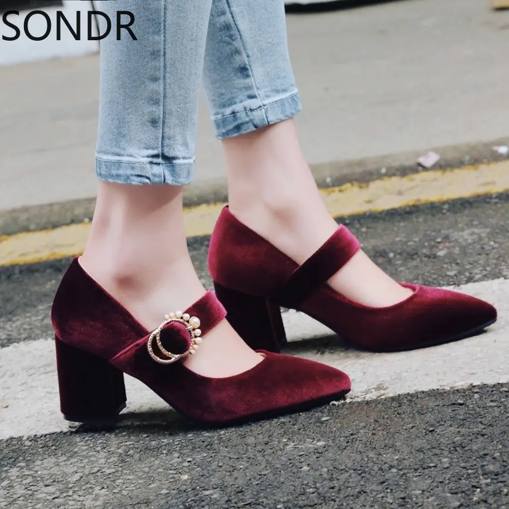 Sapatos de veludo salto alto mary jane, sapatos de veludo para mulheres ...