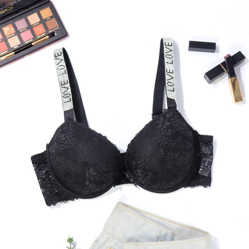 Softrhyme Sexy Rhinestone Lace Bra Semi-sheer Letter Print Underwear Women's Lingerie 80b 85b ...