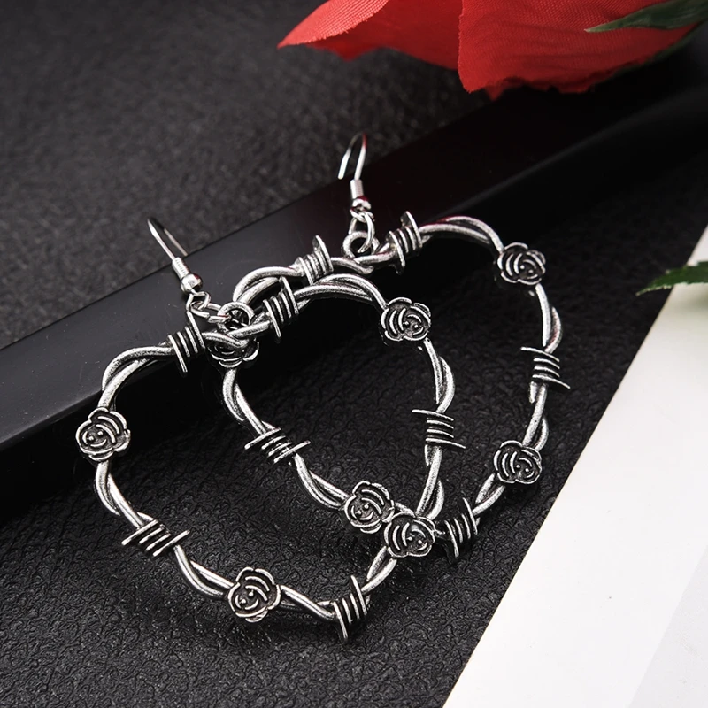 Barbed-Wire-Gothic-Rose-Heart-Earrings-For-Women-Girls-Punk-Style ...