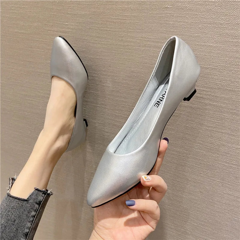 Spring-Low-Heel-Shoes-for-Women-Pu-Leather-Solid-Color-Silver-Shoes ...
