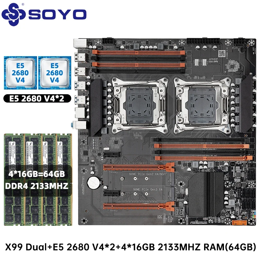 SOYO NEW X99 Dual CPU Motherboard Kit lntel Xeon E5 2680 V4&DDR4 64GB ...